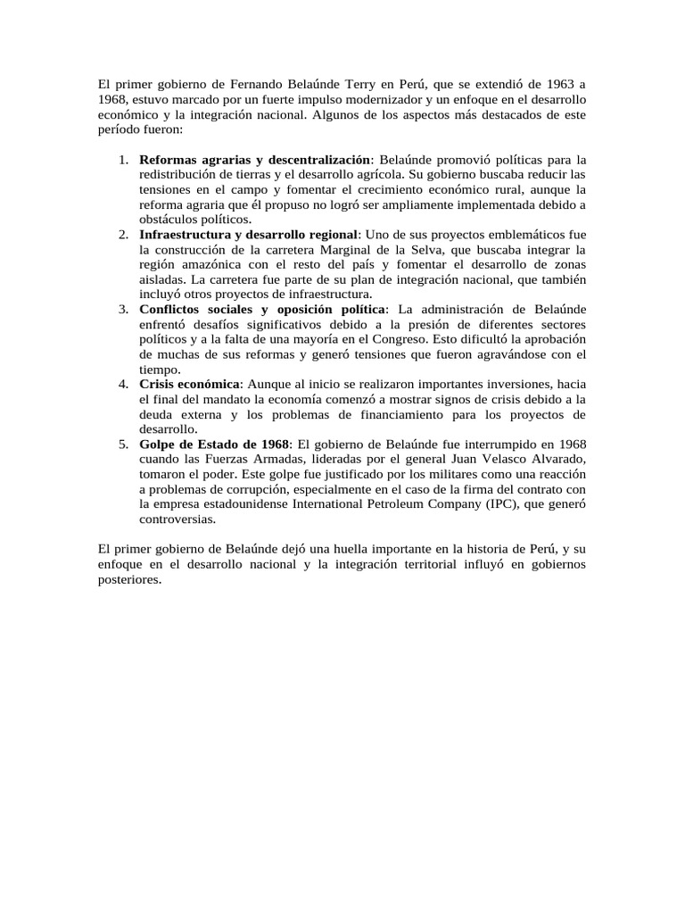 El Primer Gobierno de Fernando Belaúnde Terry en Perú | PDF