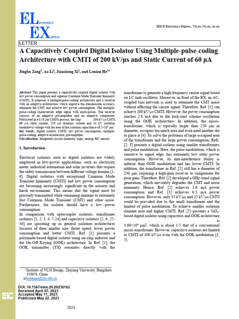 A Capacitively Coupled Digital Isolator Using Multiple-Pulse-Coding ...