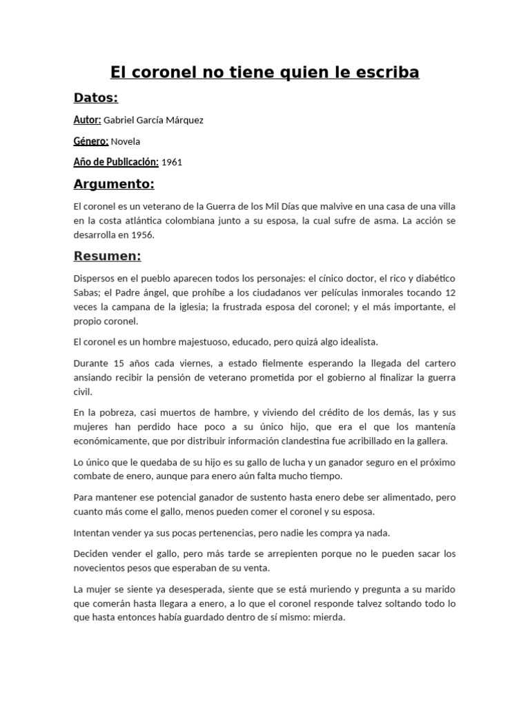 Análisis De El Coronel No Tiene Quien Le Escriba Pdf Clásicos