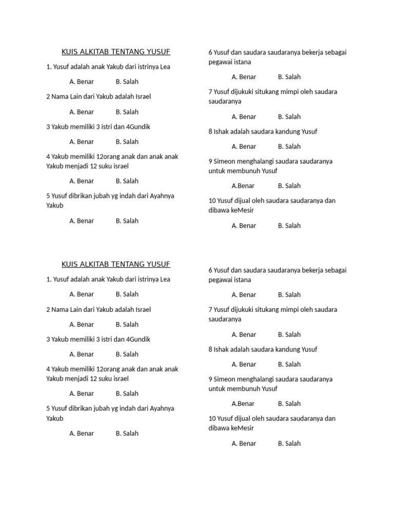 Bahan Kuis Sekolah Minggu | PDF