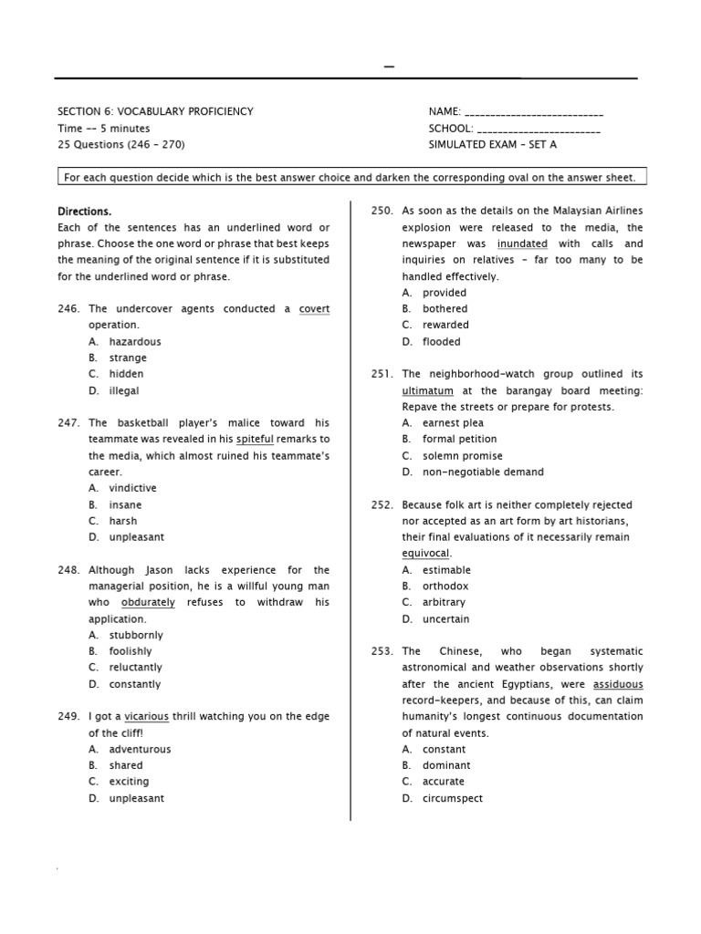 Vocabulary Proficiency Exam Set A | PDF