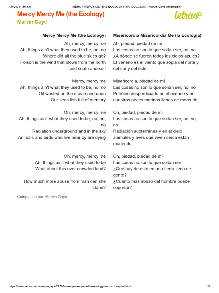 MERCY MERCY ME (THE ECOLOGY) (TRADUCCIÓN) - Marvin Gaye (Impresión) | PDF