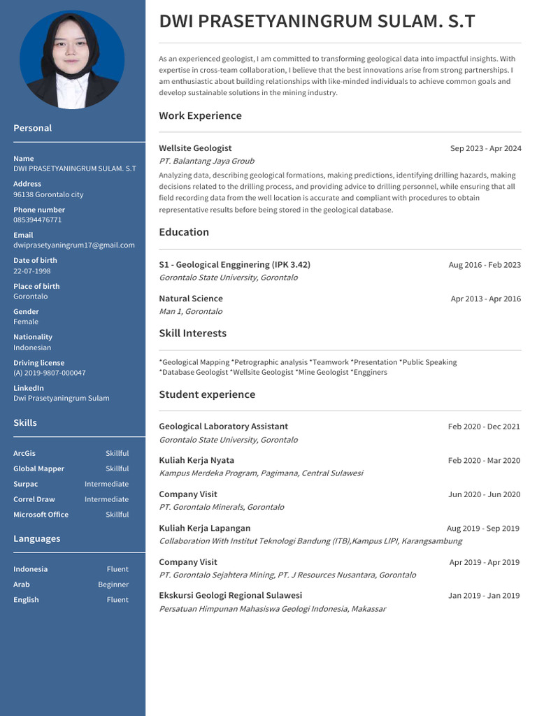 CV, Dwi Prasetyaningrum Sulam | PDF | Geology