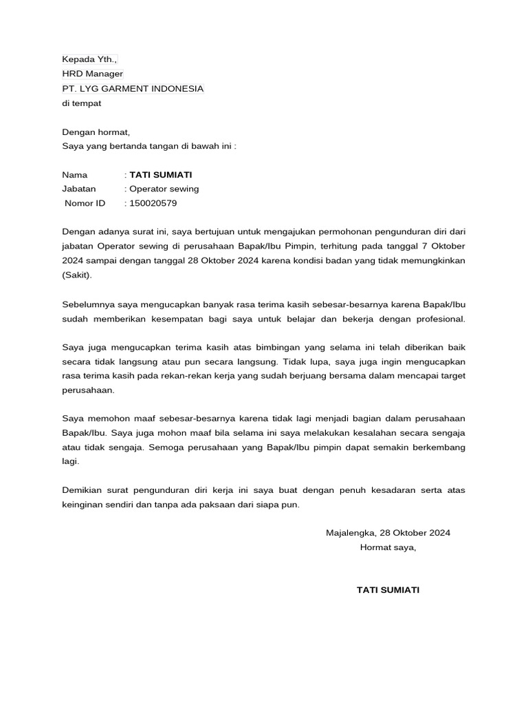 Surat Pengunduran Diri Tati Sumiati | PDF