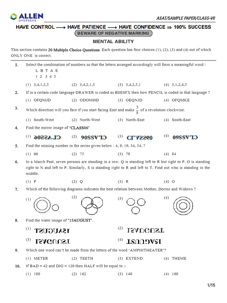 ASAT Overseas Sample Paper Class-VII | PDF | Water | Chemical Substances