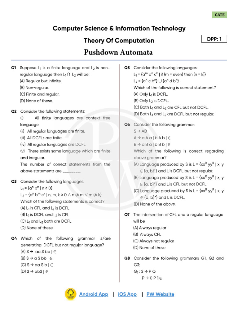 Pushdown Automata - DPP 01 | PDF