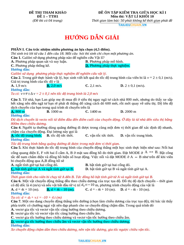 ĐỀ 1 - GK1 LÝ 10 - FORM 2025 - TTH1- GV | PDF