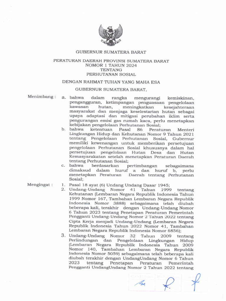 Perda 1 Tahun 2024 Tentang Perhutanan Sosial | PDF