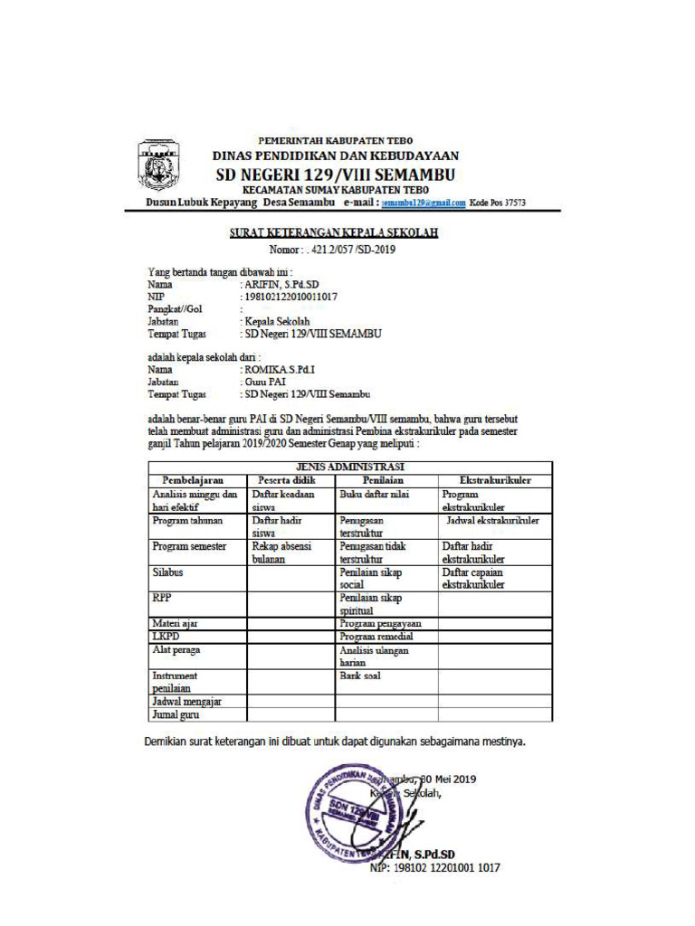 Keterangan Kepsek | PDF