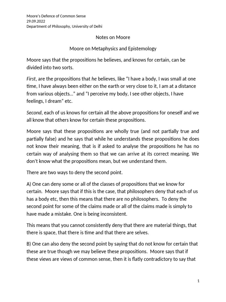 Notes on Moore | PDF | Proposition | Western Philosophy