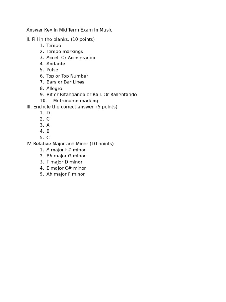 Mid-Term Music Exam Answer Key | PDF | Art