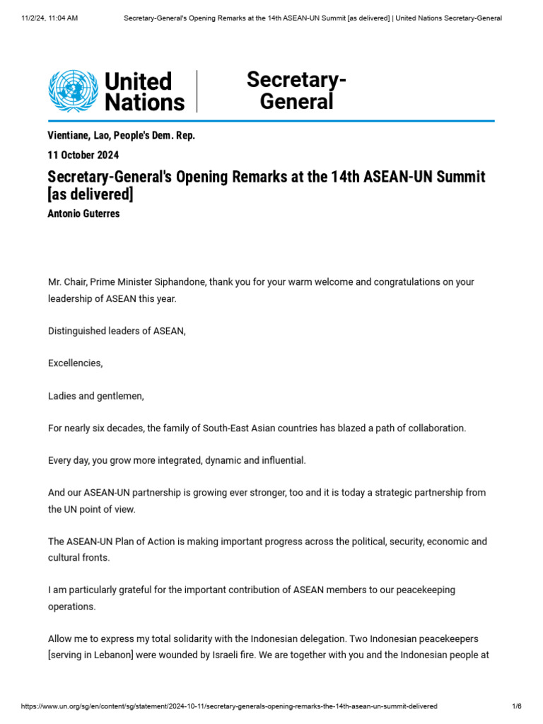 Secretary-General's Opening Remarks at The 14th ASEAN-UN Summit (As Delivered) - United Nations ...