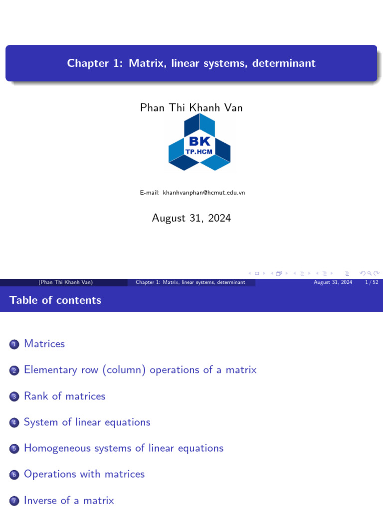 Chapter 1 Matrix Linear System Determinant | PDF | Matrix (Mathematics) | Determinant