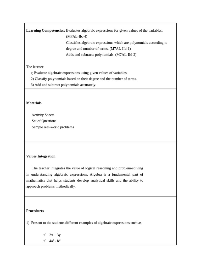 FINAL LESSON PLAN | PDF | Variable (Mathematics) | Polynomial