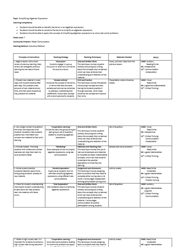 Activity Plan For Simplifying Algebraic Expression | PDF | Learning ...