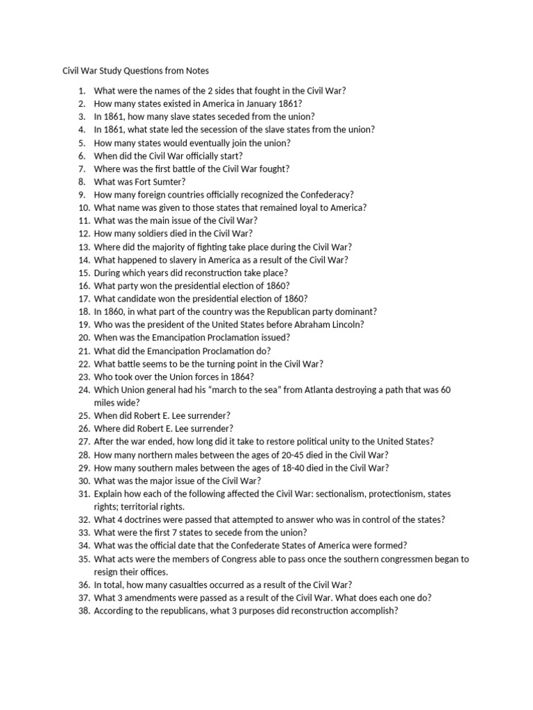 Civil War Study Questions and Answers | PDF | American Civil War ...