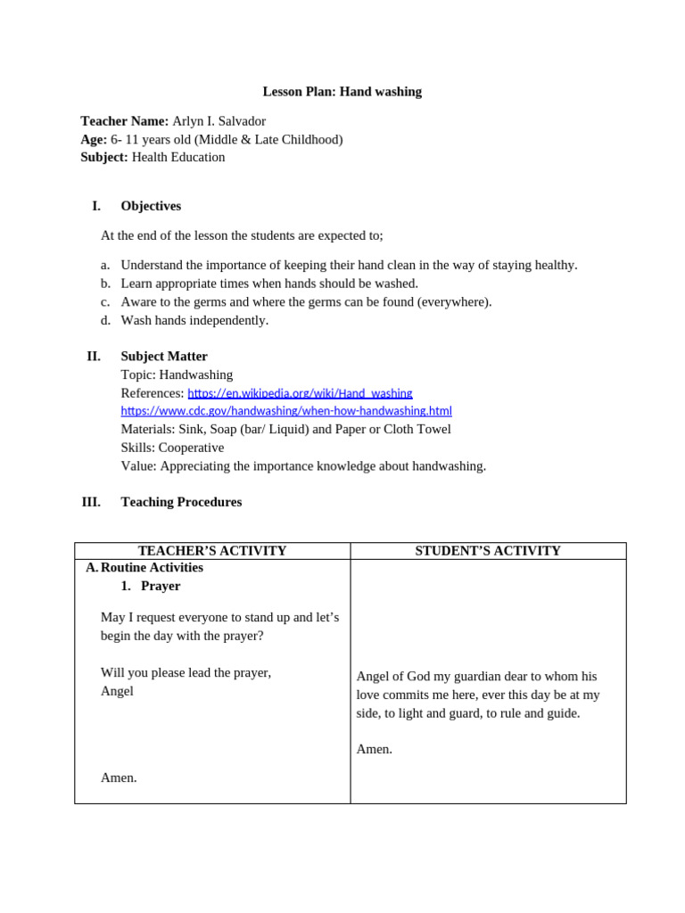 Lesson Plan. Middle and Late childhood | PDF | Hand Washing