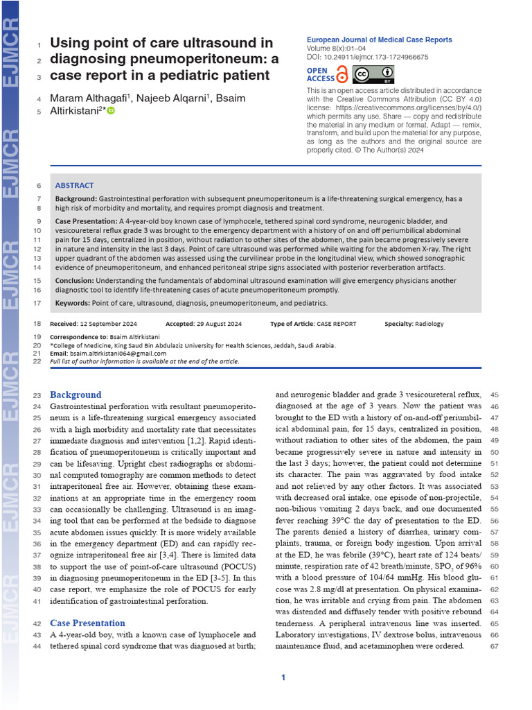 Using Point of Care Ultrasound in Diagnosing Pneumoperitoneum: A Case ...