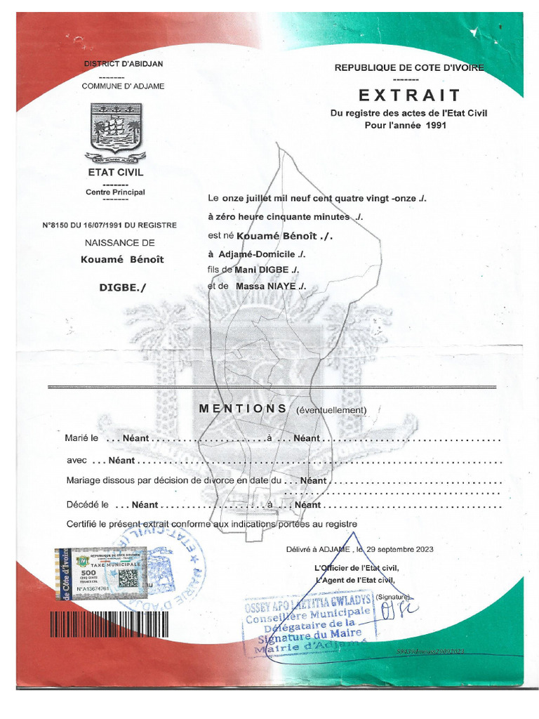 Extrait de Naissance Digbeu | PDF