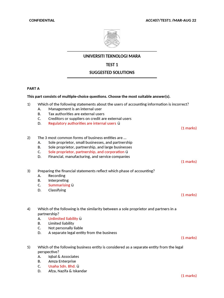 Test 1 - Acc407 - Mar-Aug 2022 (Suggested Solution) | PDF | Debits And ...