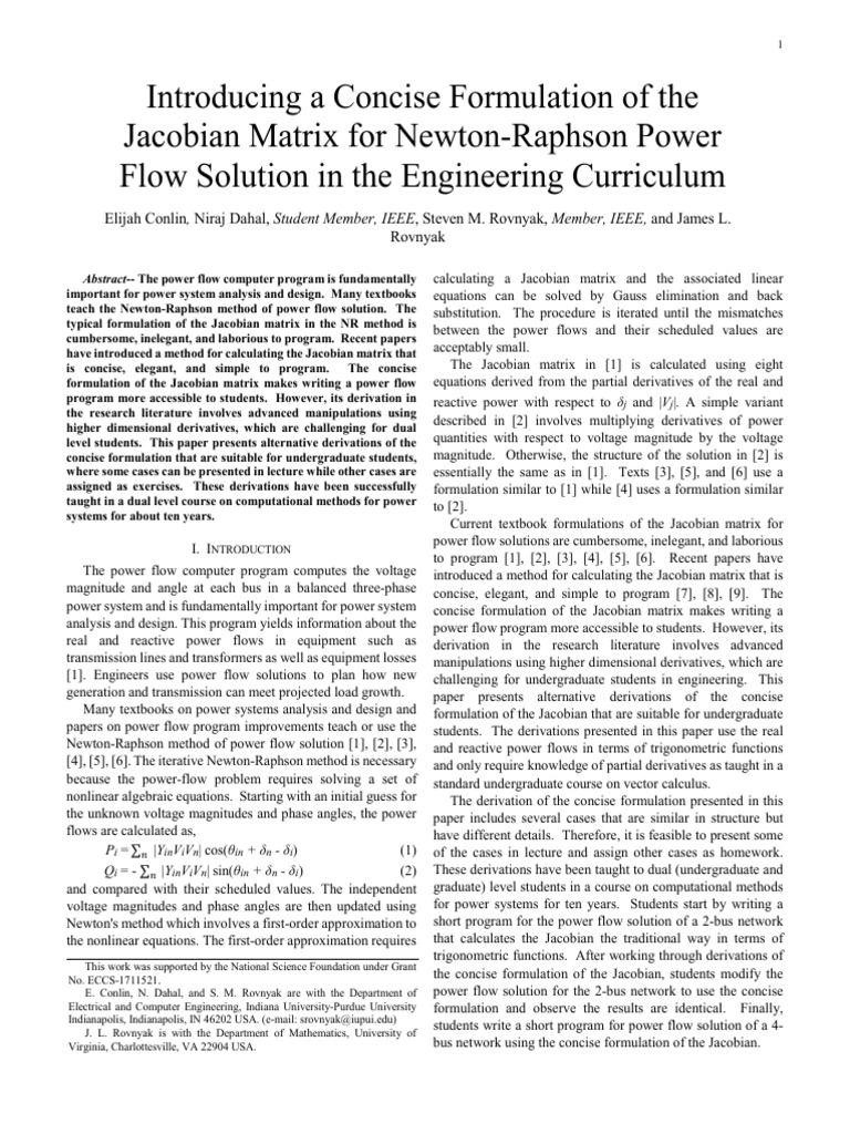 Introducing A Concise Formulation of The Jacobian Matrix For Newton ...