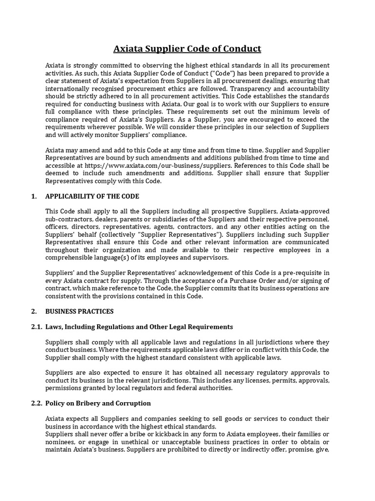 Axiata Supplier Code of Conduct Guidelines | PDF | Labour Law | Bribery