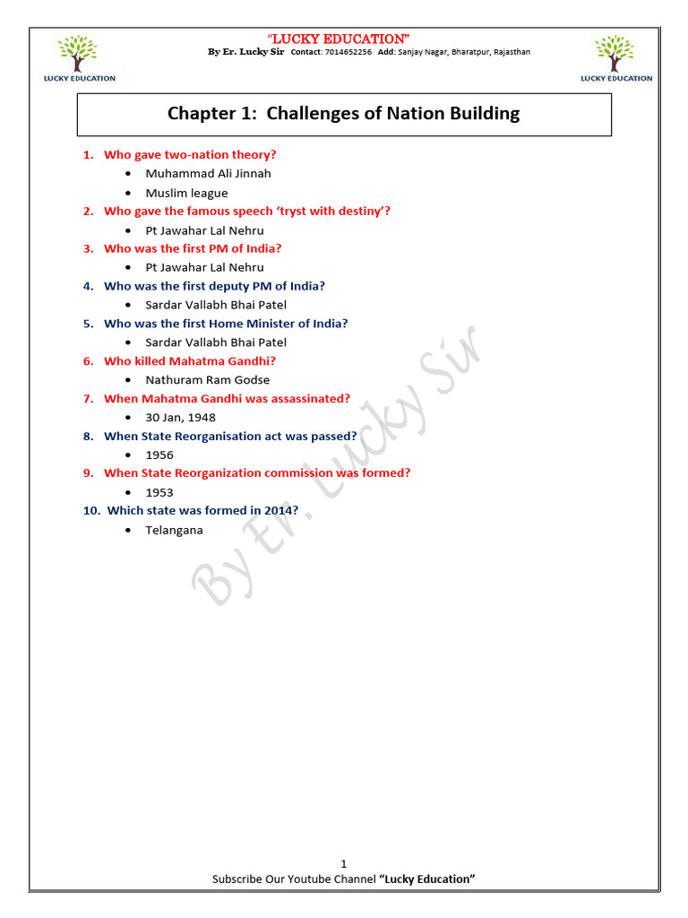 Challenges of Nation Building | PDF | Partition Of India | Politics Of ...