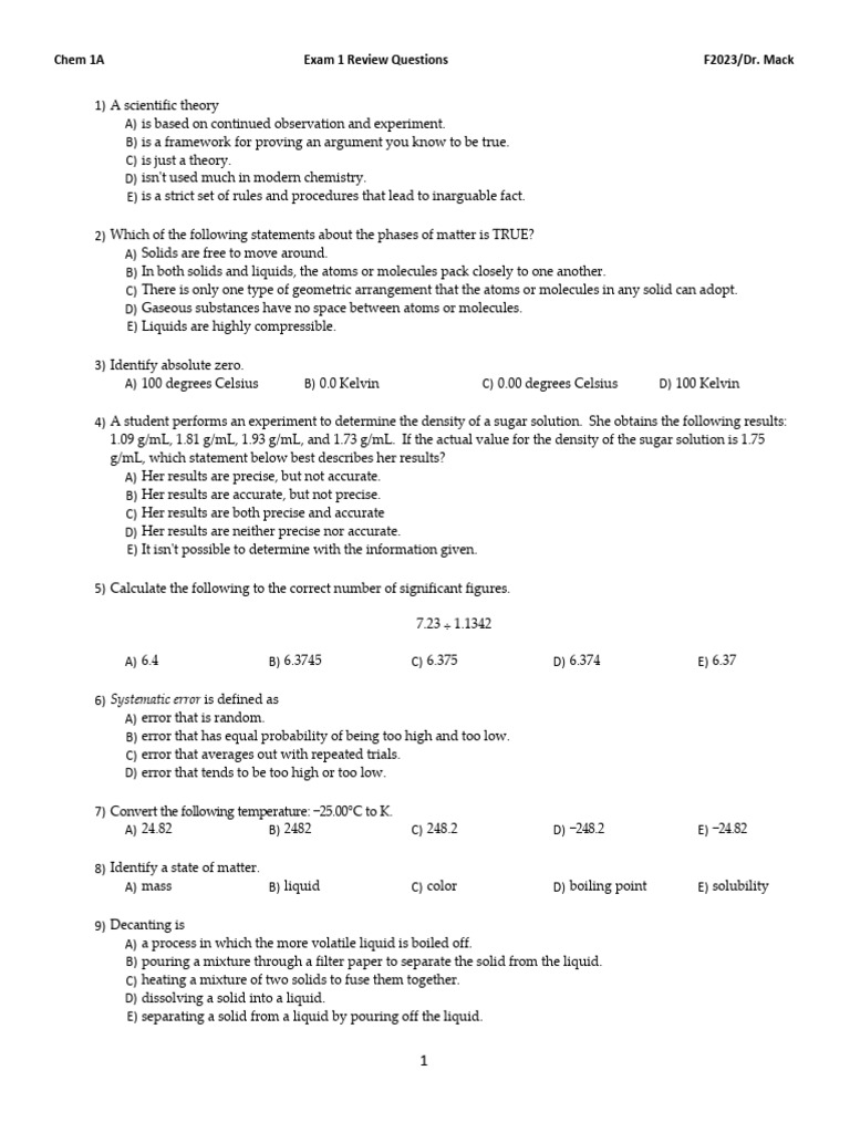 Chem 1A Exam 1 Rev Probs F2023 | PDF | Proton | Chemical Elements