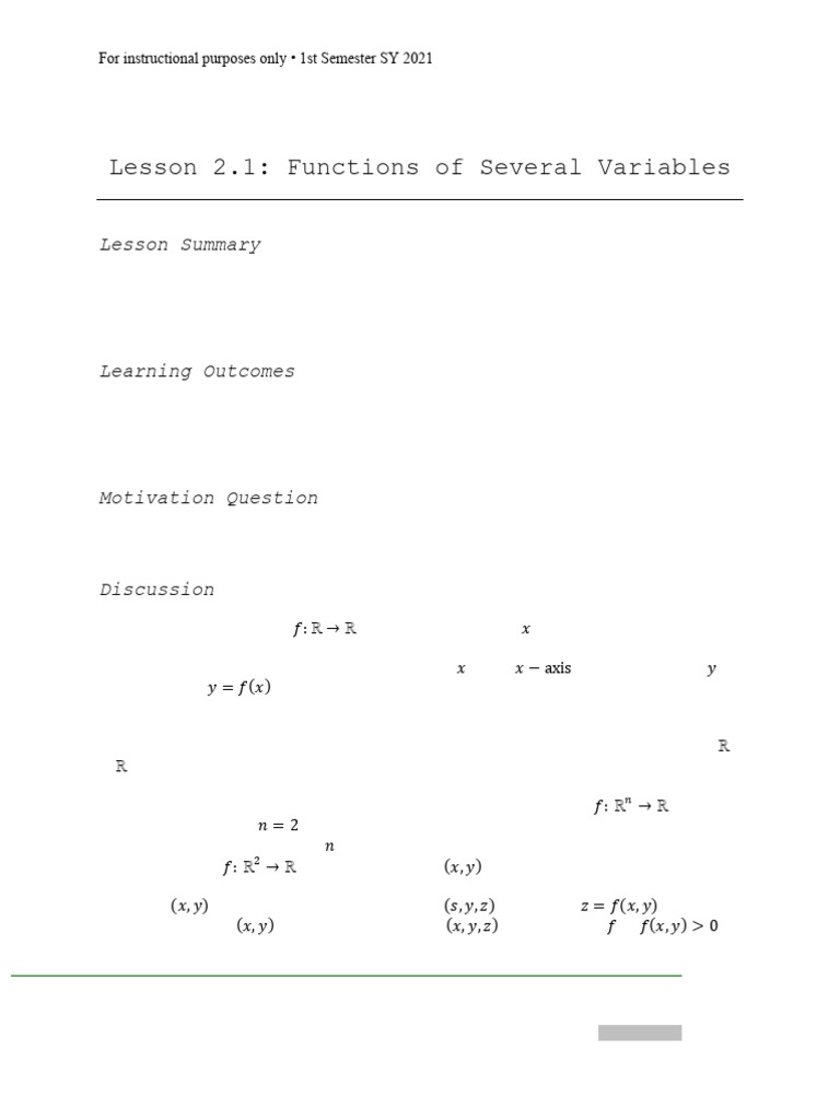 Lesson 2.1 Functions of Several Variables - Edited | PDF | Function (Mathematics) | Variable ...