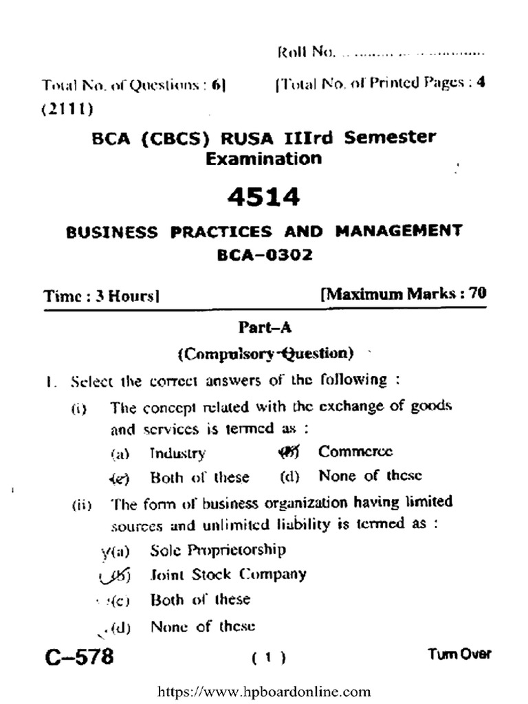 Hpu Ug Bca 3 Sem Business Practices and Management 4514 2021 | PDF