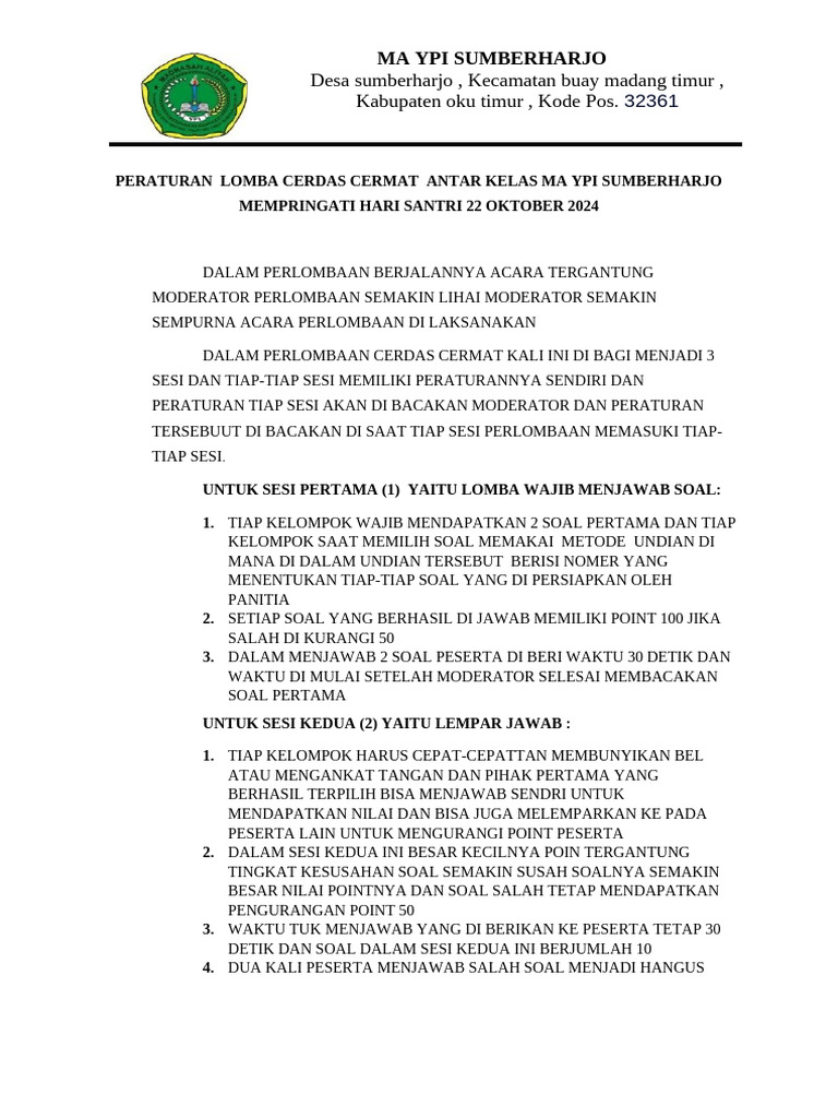 Peraturan Lomba Cerdas Cermat Antar Kelas Ma Ypi Sumberharjo Mempringati Hari Santri 22 Oktober ...