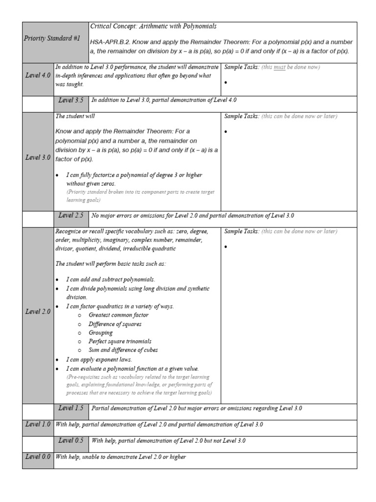Proficiency+Scale+APRB2 | PDF | Factorization | Division (Mathematics)