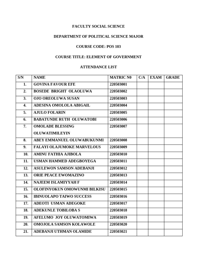 POS 103 Government Attendance List | PDF | Sports & Recreation