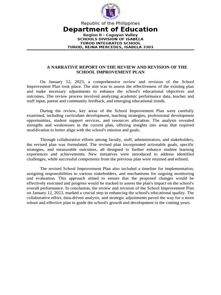 A Narrative Report On The Review and Revision of The School Improvement ...
