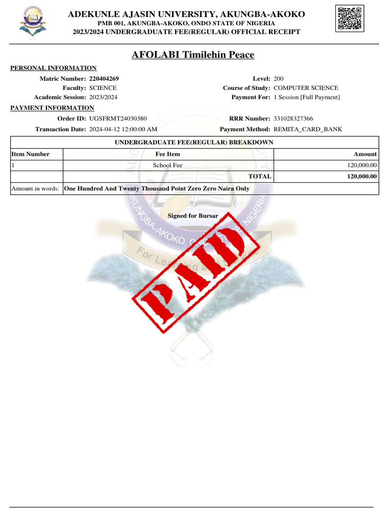Afolabi Timilehin Peace 200 Undergraduate Fee (Regular) Receipt | PDF