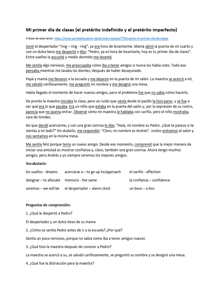 S3 U3 - Mi Primer Día de Clases - PREGUNTAS | PDF | Lingüística | Gramática