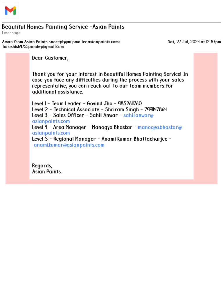 Gmail - Beautiful Homes Painting Service - Asian Paints | PDF