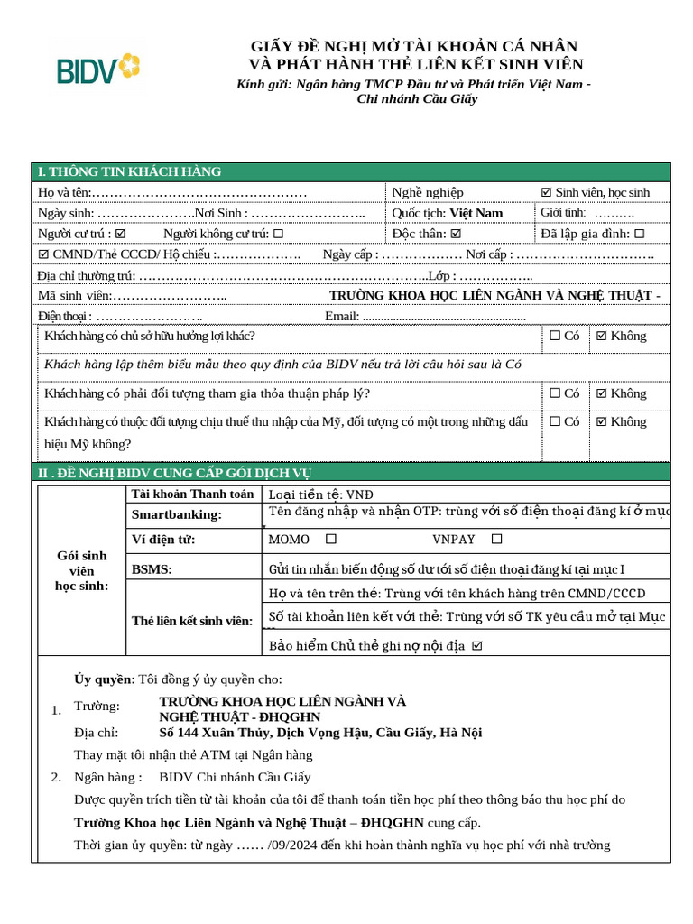BIDV. Mau Mo Tai Khoan Ngan Hang Tich Hop The Sinh Vien Khoa 2024 | PDF