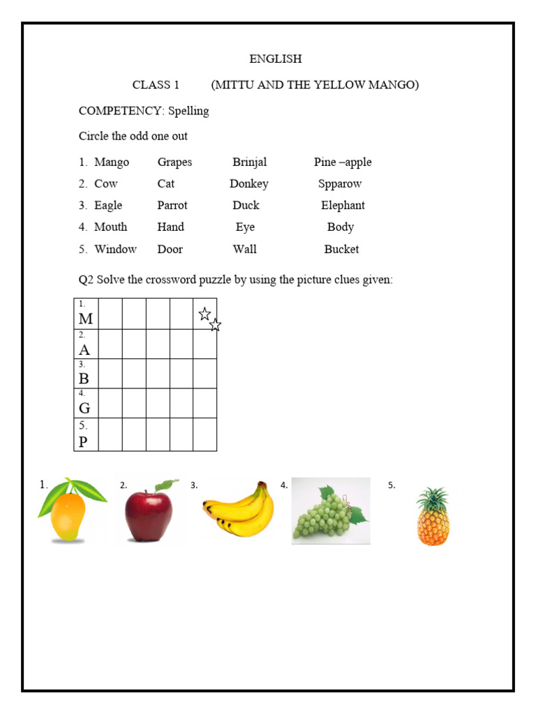 CBSE Class 1 English Worksheets (22) - Mittu and The Yellow Mango | PDF