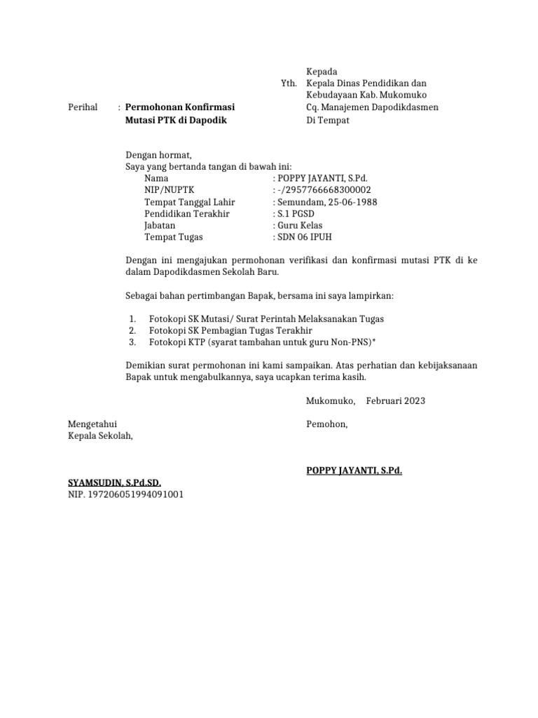 Permohonan Mutasi PTK Dapodik 2023 | PDF
