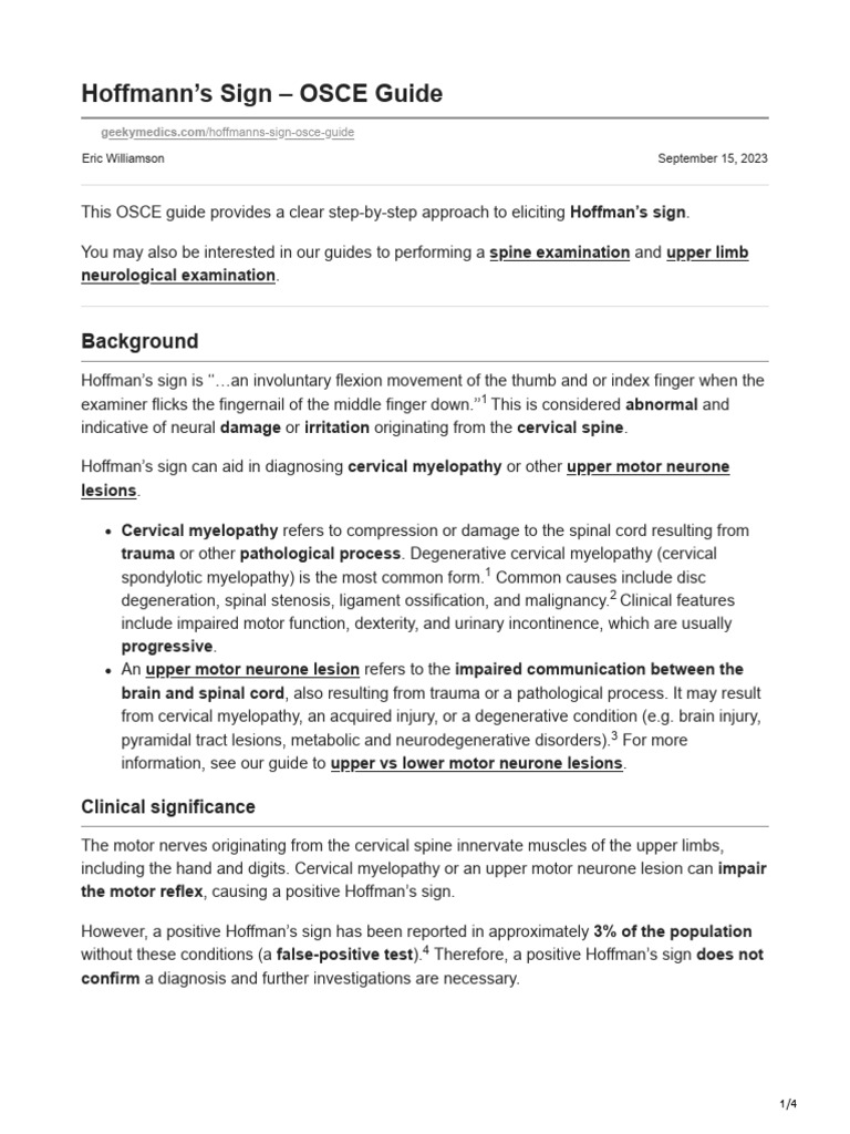Hoffmanns Sign OSCE Guide | PDF | Spinal Cord | Diseases And Disorders