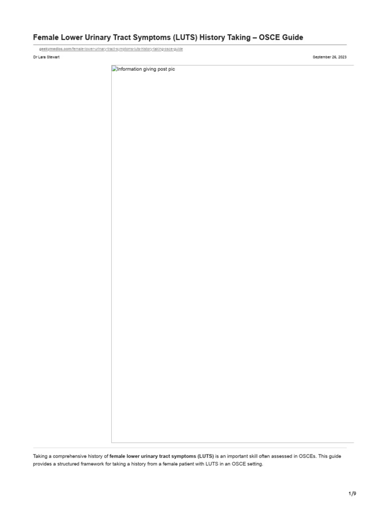Female Lower Urinary Tract Symptoms LUTS History Taking OSCE Guide | PDF | Urinary Incontinence ...