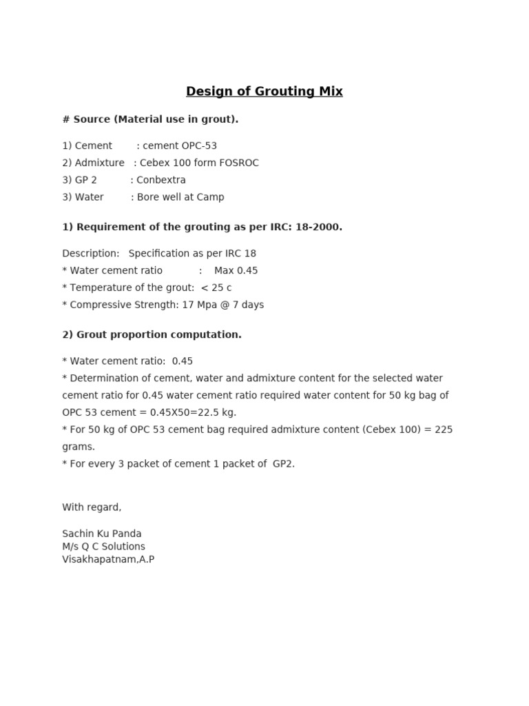 Design of Grouting Mix (Simplex) | PDF