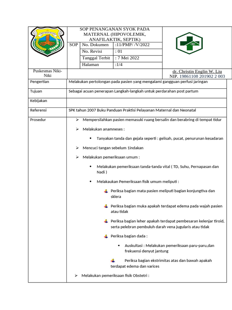 Sop Penanganan Syok Pada Maternal | PDF