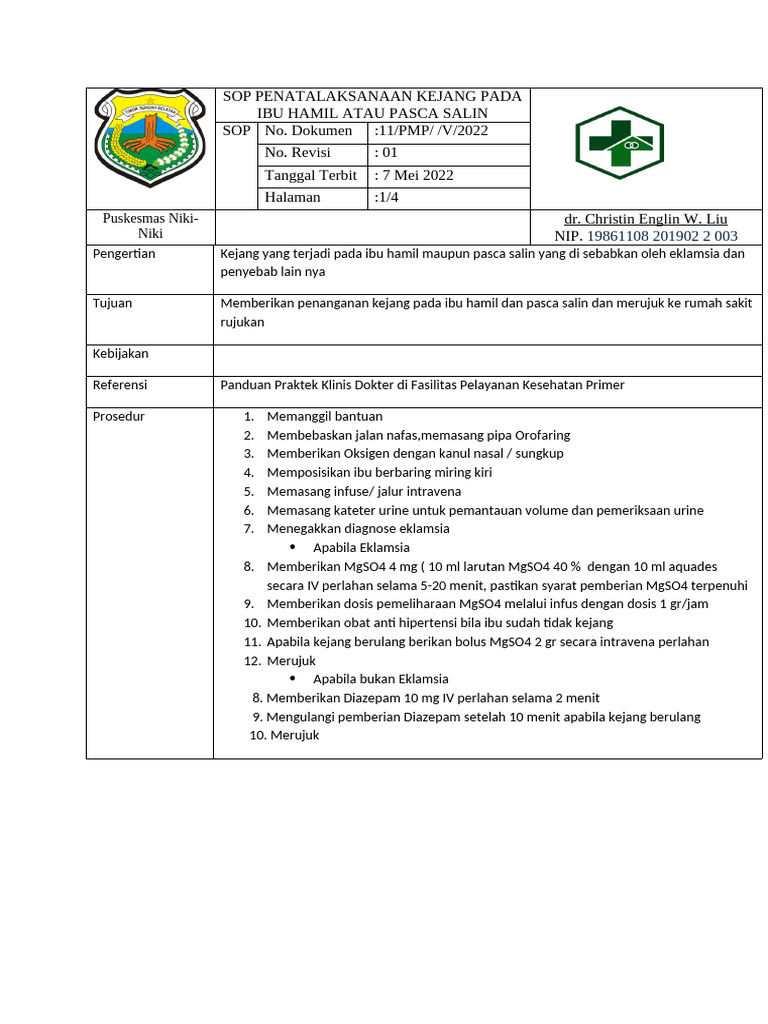 Sop Penatalaksanaan Kejang Pada Ibu Hamil Atau Pasca Salin | PDF | Kesehatan Holistik