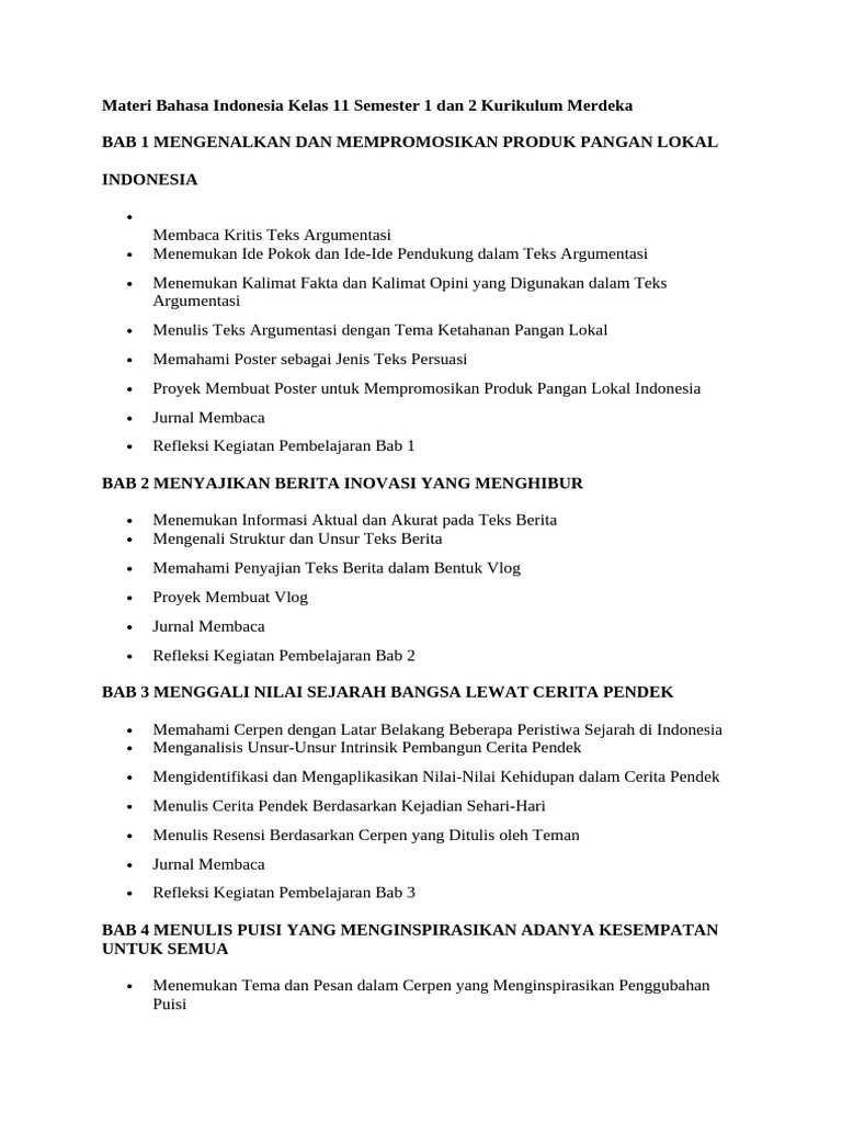 Materi Bahasa Indonesia Kelas 11 Semester 1 Dan 2 Kurikulum Merdeka | PDF