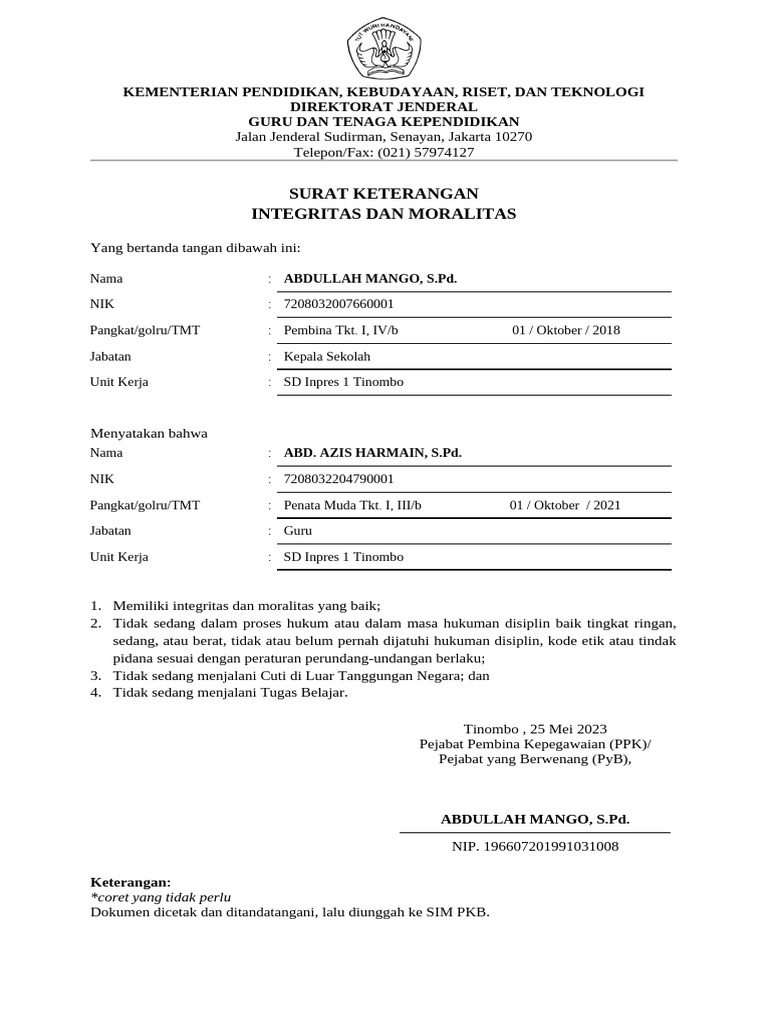Surat Keterangan Integritas Dan Moralitas | PDF