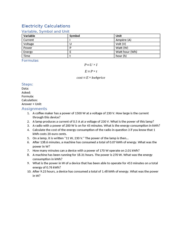 Electricity Calculation Formulas and Examples | PDF