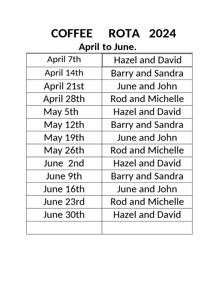 Baptist - Coffee Rota April To June 2024 | PDF | Art | Mystery ...