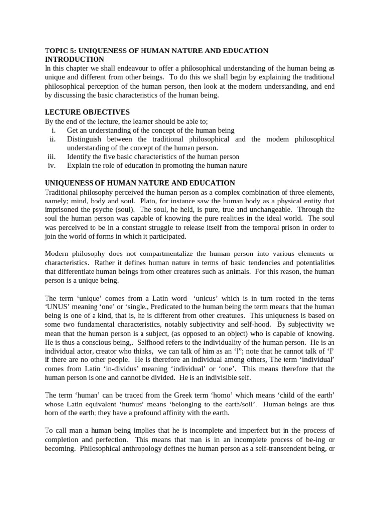 Uniqueness of Human Nature in Education | PDF | Consciousness | Knowledge